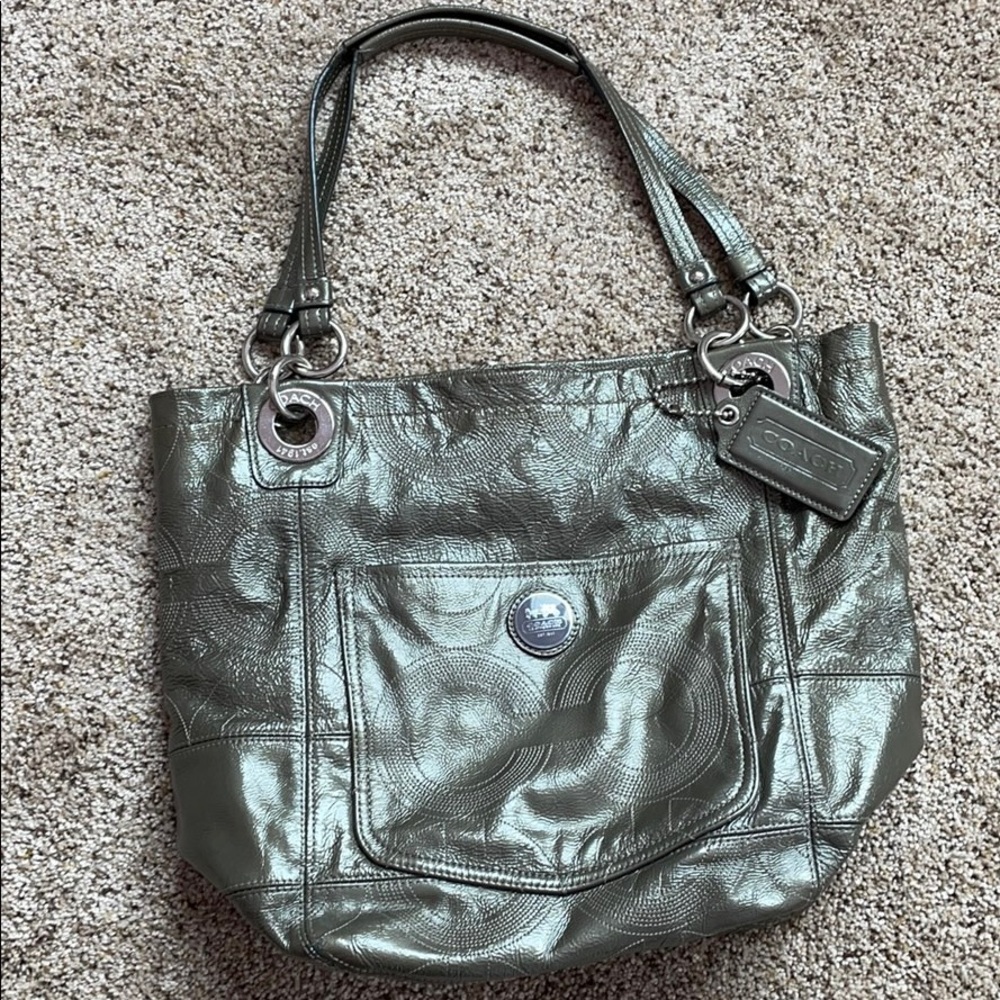 Coach Grey Patent Leather Tote Handbag - Gem